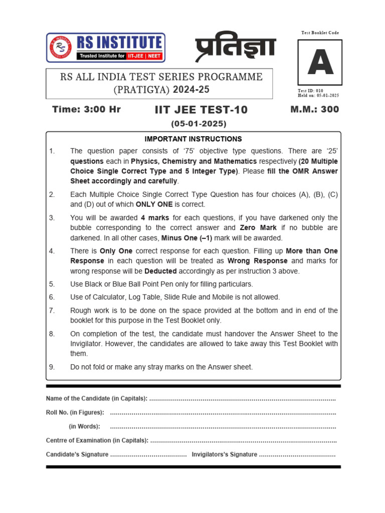 AITS IIT-JEE (10) (05-01-2025) | PDF | Neutron | Proton