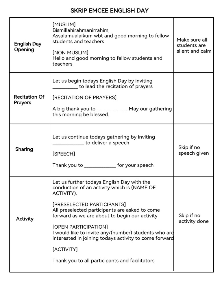 Skrip Emcee English Day .1 | PDF