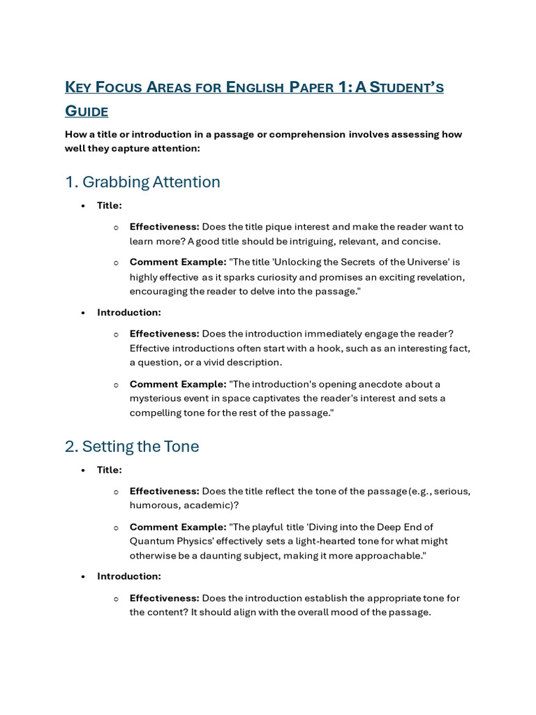 Key Focus Areas For English Paper 1 A Student's Guide | PDF | Body ...