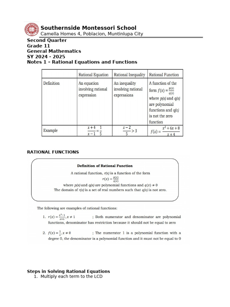 Rational Equations & Functions Notes | PDF