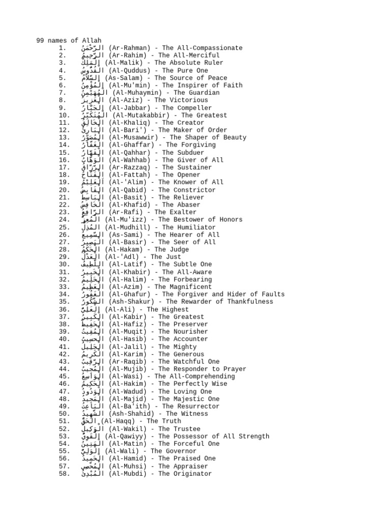99 names of Allah | PDF | Religious Belief And Doctrine