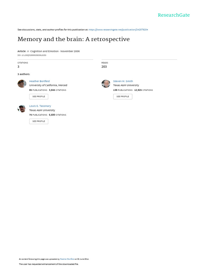 Memory and The Brain A Retrospective | PDF | Memory | Emotions