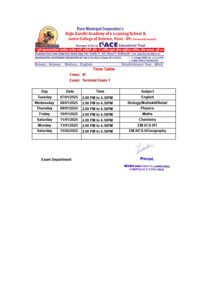 Class XI Exam Schedule | PDF