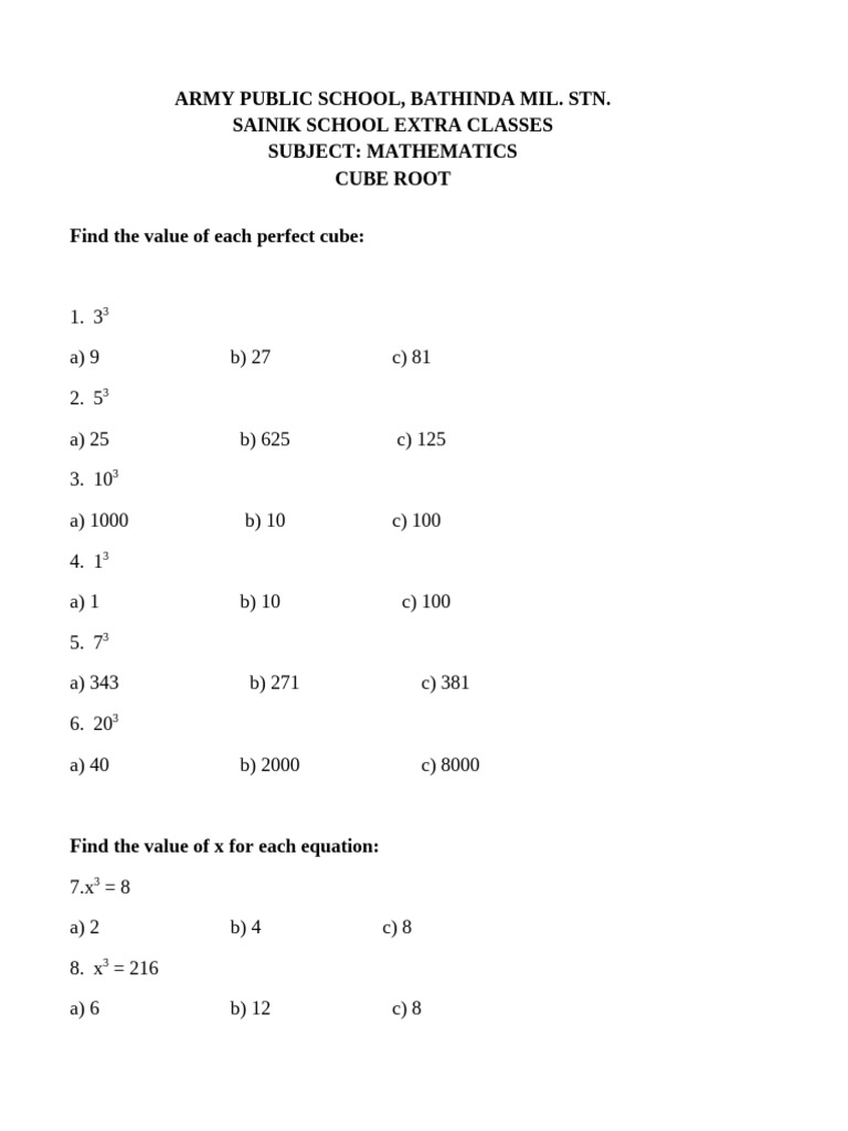 Cube Root Worksheet Only Questions | PDF