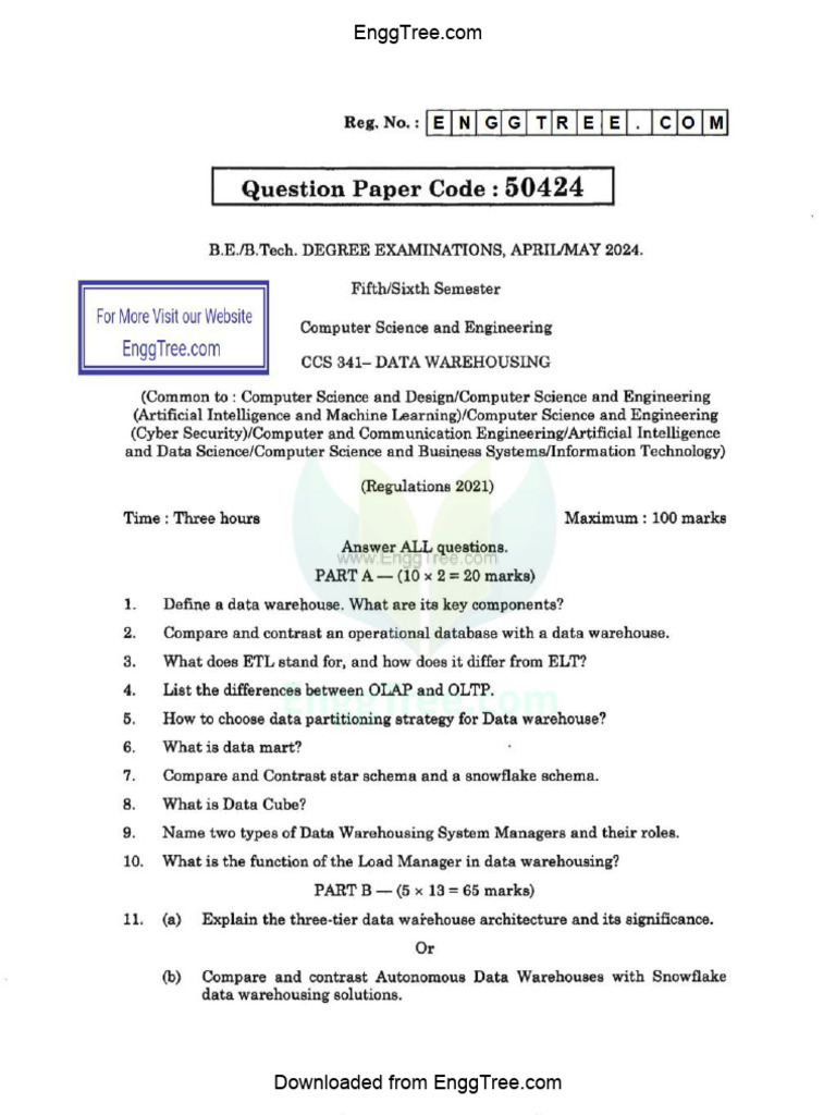 CCS341-Data-Warehousing-Apr-May-2024-Question-Paper-Download | PDF