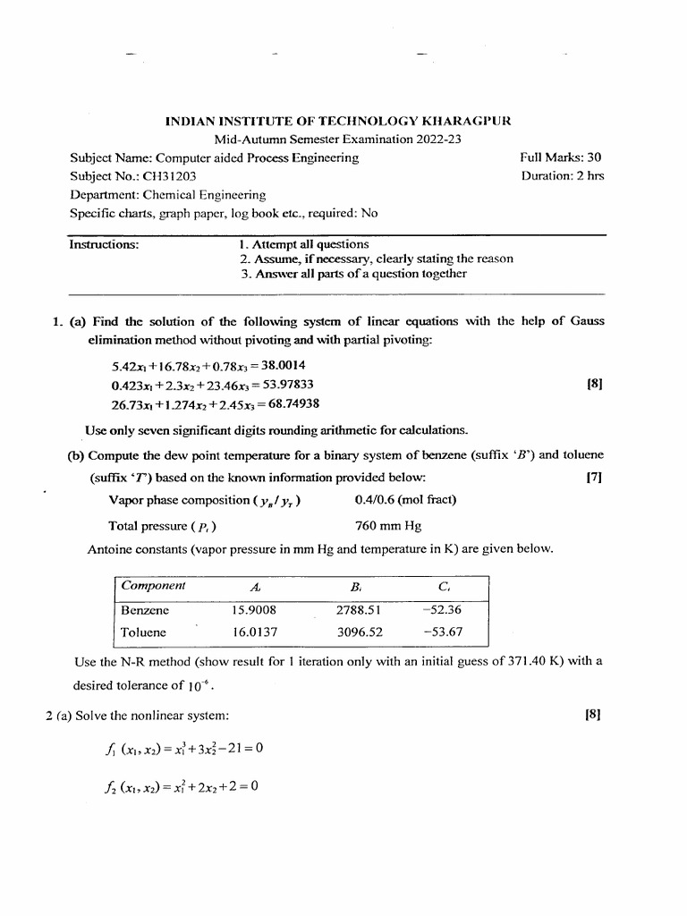 CH31203 Computer Aided Process Engineering MA 2022 | PDF