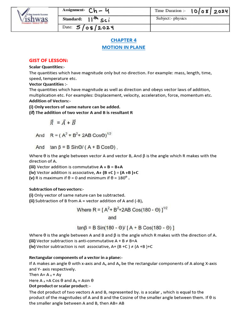 Class 11th Sci Ch3 Assignment _240805_134118 | PDF | Acceleration | Force