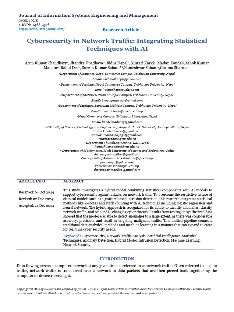 Cybersecurity in Network Traffic: Integrating Statistical Techniques ...
