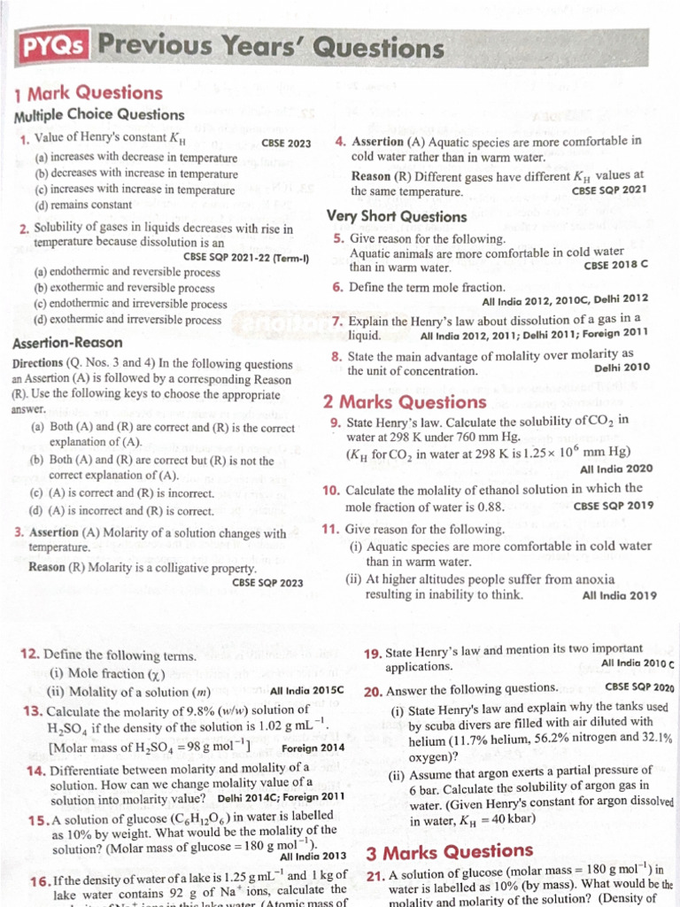 PYQ’s of Solution (Revision) | PDF