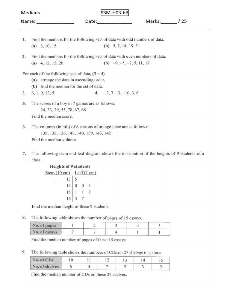 Medians Assessment S3M-H03-6B | PDF