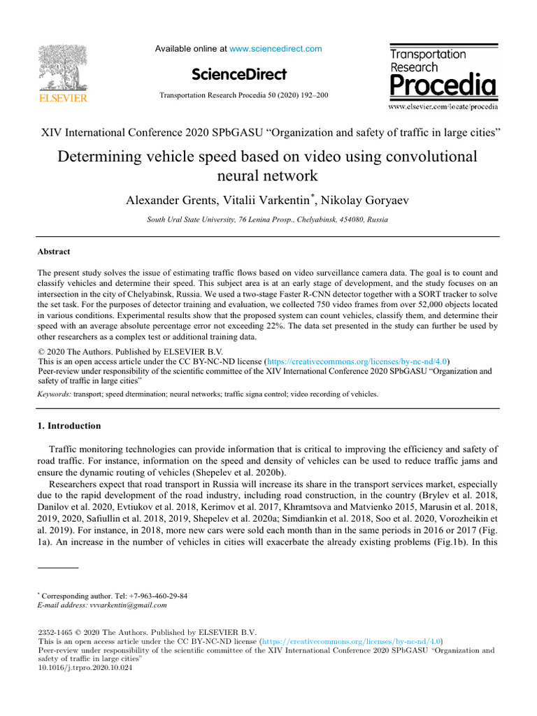 Determining Vehicle Speed Based On Video Using Convolutional Neural Network - 1-S2.0 ...
