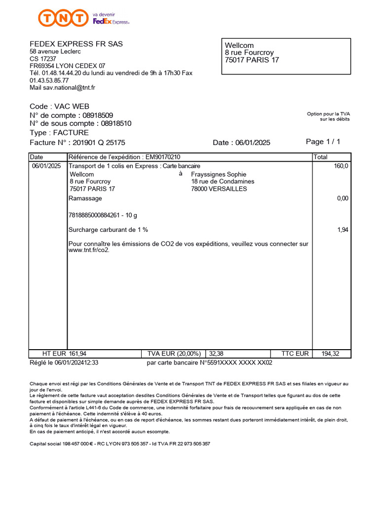 Facture FedEx Express N° 201901 Q 25175 | PDF | Transport | Facture