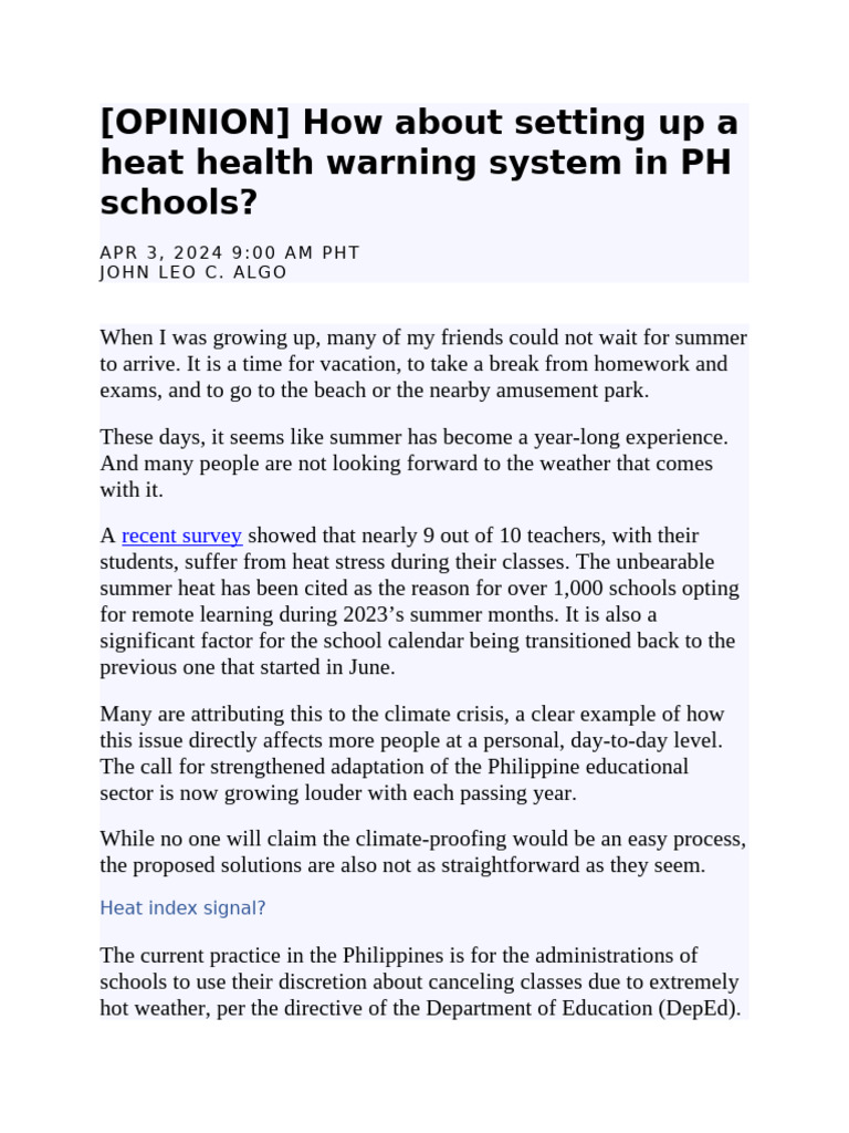 OPINION_How about setting up a heat health warning system in PH schools ...