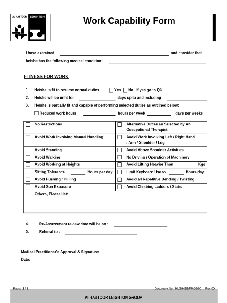 HLG HSE FM 016C r00 HSE Work Capability Form | PDF