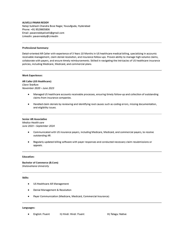 AR Caller in US Healthcare Billing | PDF