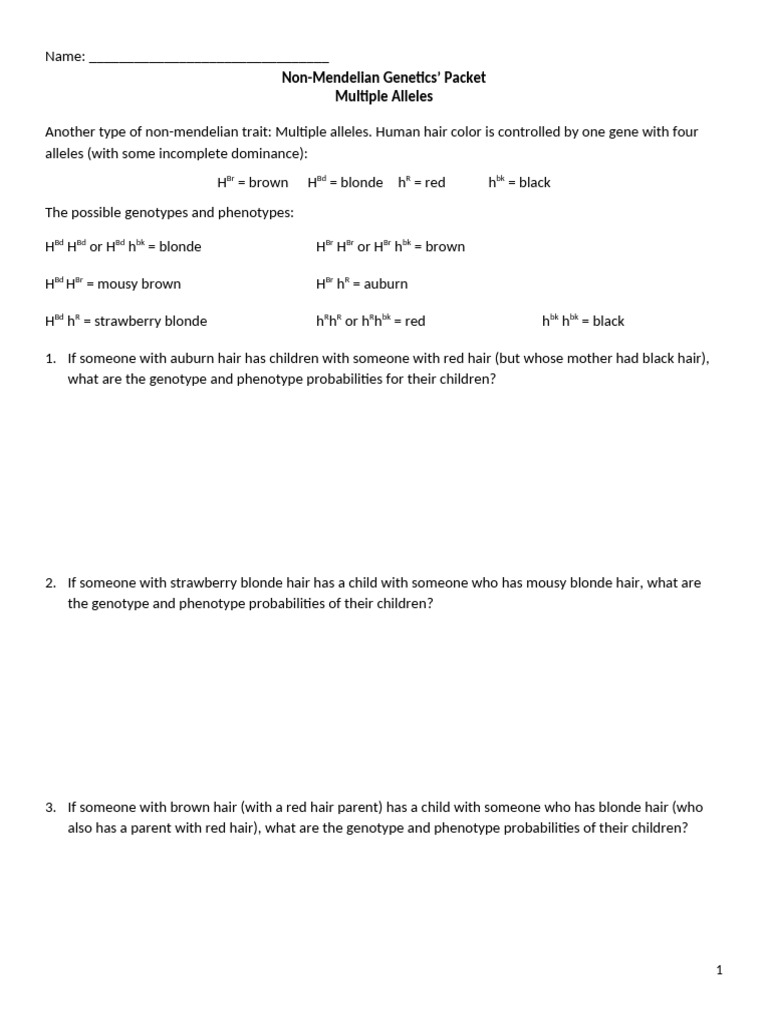 Non-Mendelian Genetics Practice Packet | PDF | Genotype | Dominance ...