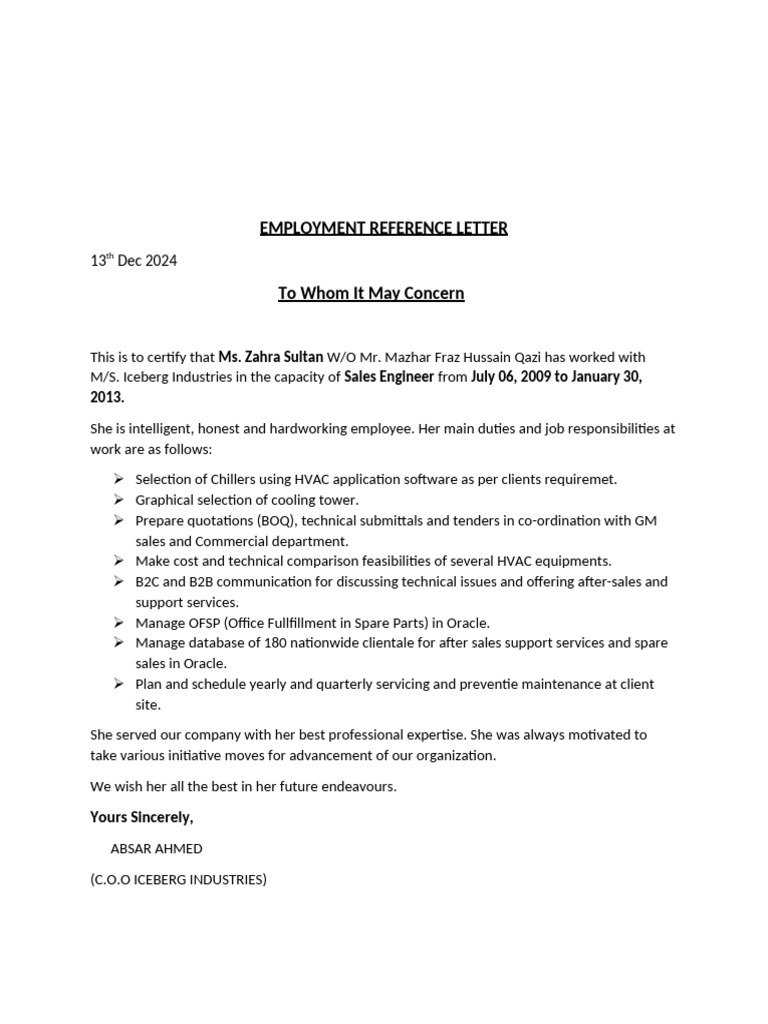 Employment Reference for Zahra Sultan | PDF