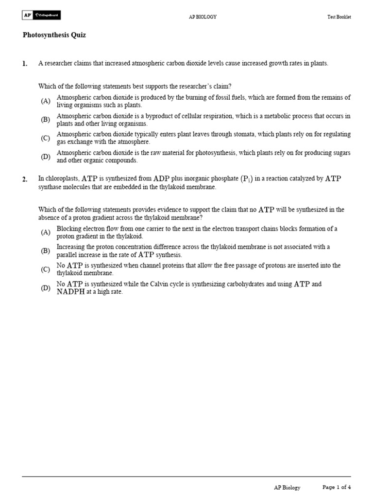 AP Biology Photosynthesis Quiz | PDF | Photosynthesis | Chlorophyll