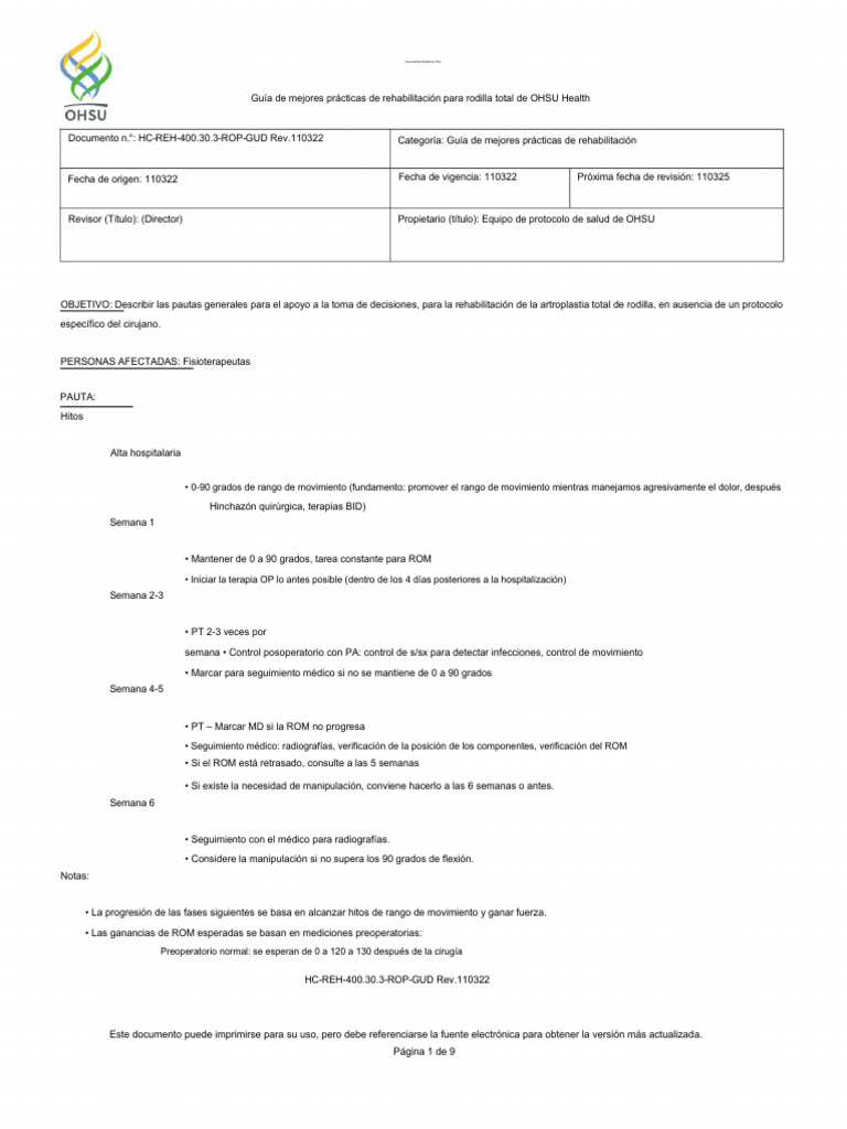 OHSU Rehab Protocols Total Knee Nov2023 | PDF | Rodilla