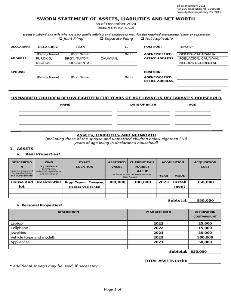 SALN BLANK FORM With Sample | PDF | Economies | Business