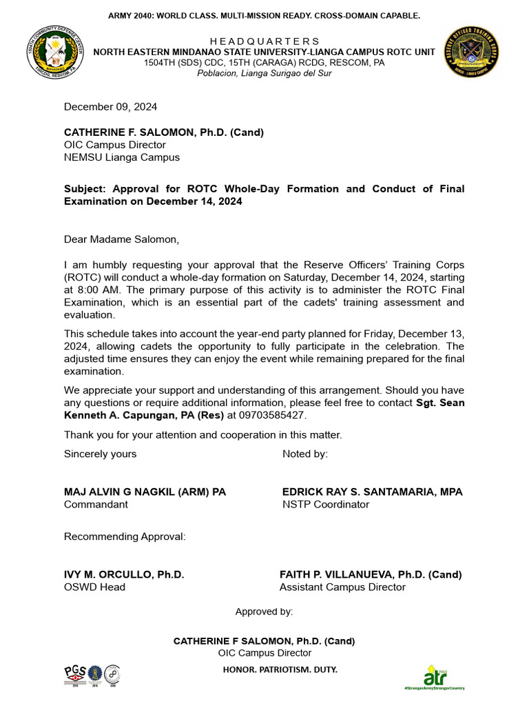 Letter For Final Exam On December 14,2024 | PDF