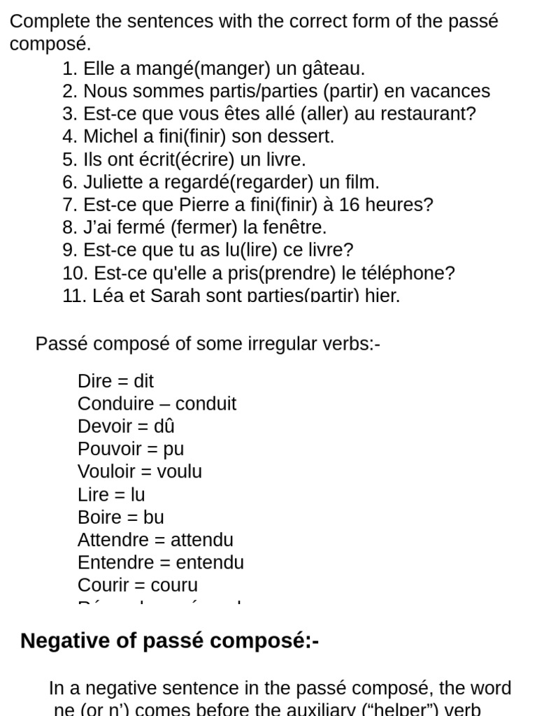 Passe composé interoogation ,negative,ex,list of etre verbs etc | PDF ...