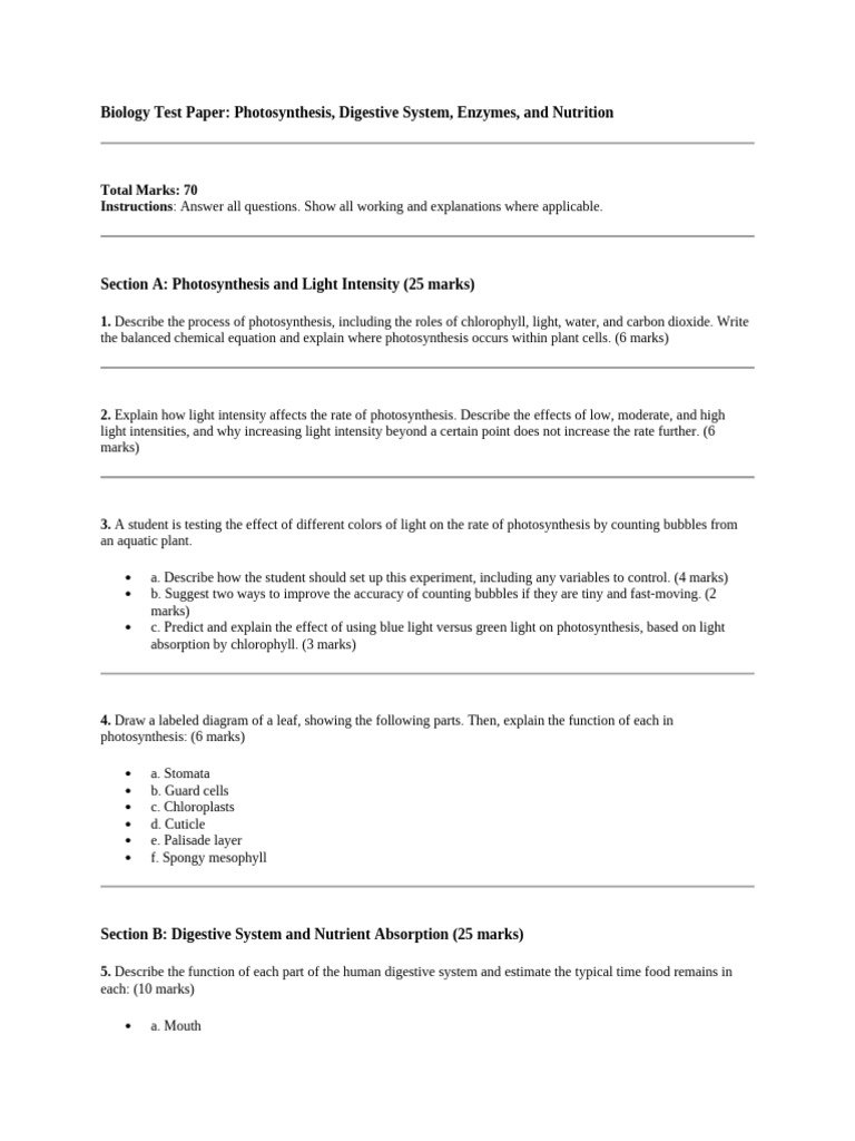 Biology Test Paper (Y8 3) Q.sheet | PDF | Photosynthesis | Digestion