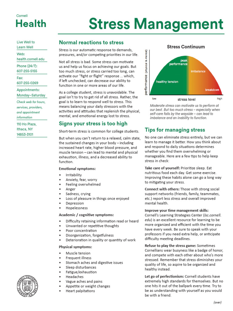 Stress-Management Cornell Health | PDF | Stress (Biology ...