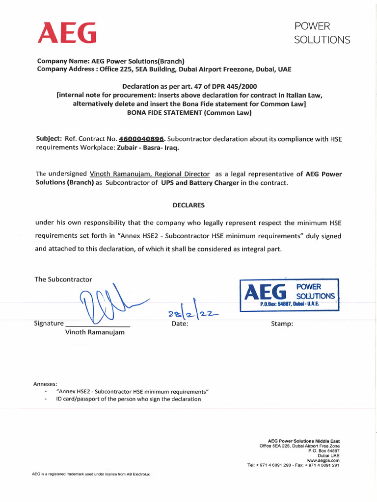 Annex HSE 5 Subcontractor Declaration | PDF