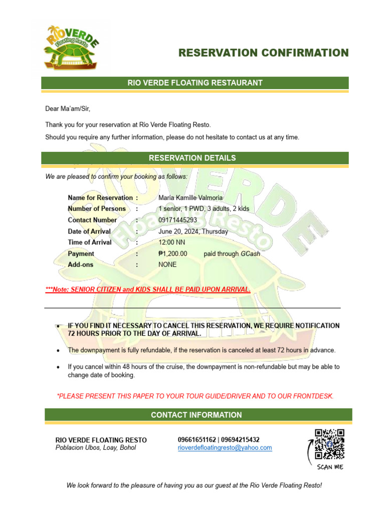 RIO VERDE Booking Receipt - Maria Kamille Valmoria | PDF
