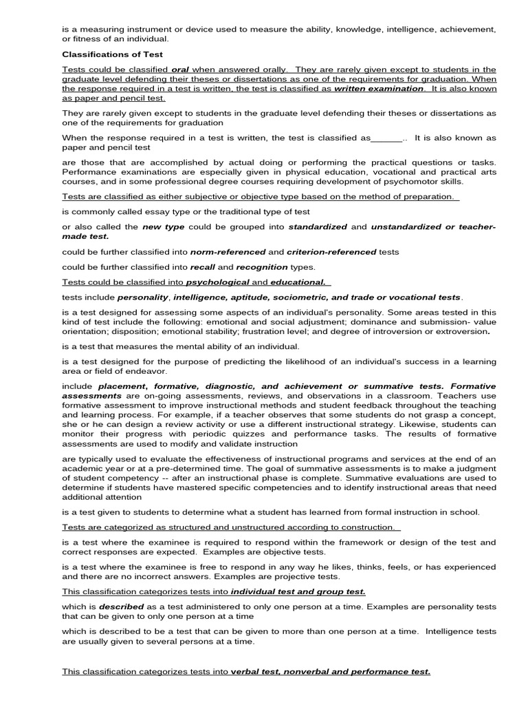 Types and Classifications of Tests | PDF | Educational Assessment ...