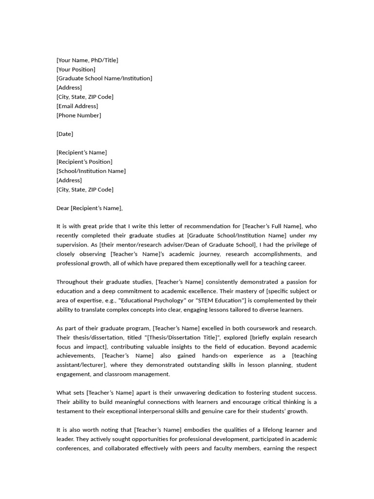 Sample Recommendation Letter | PDF | Teachers | Thesis