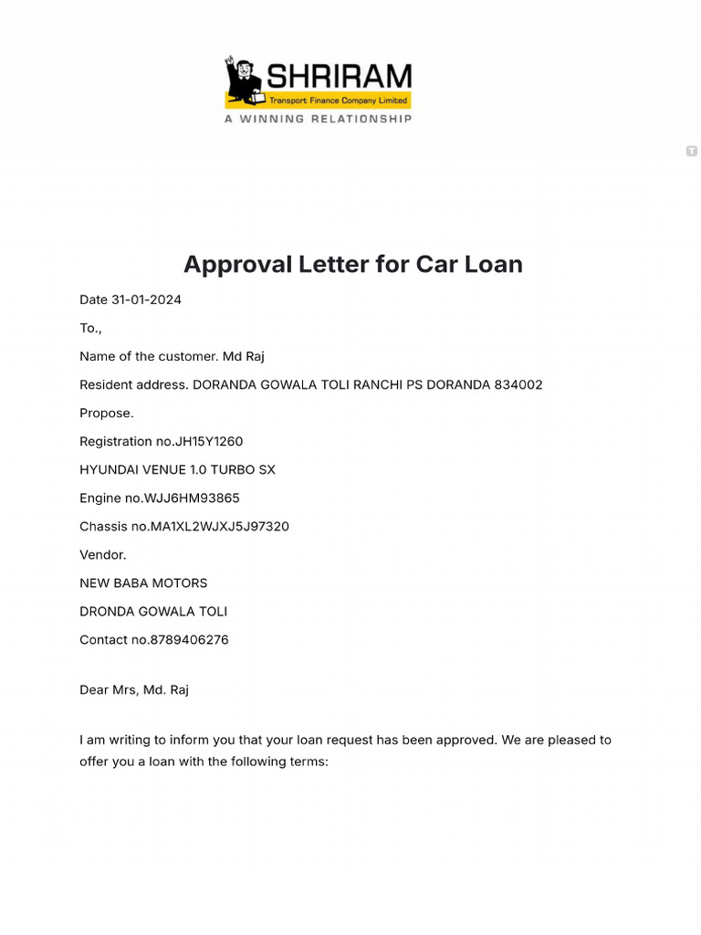 Free Approval Letter For Car Loan Template | PDF