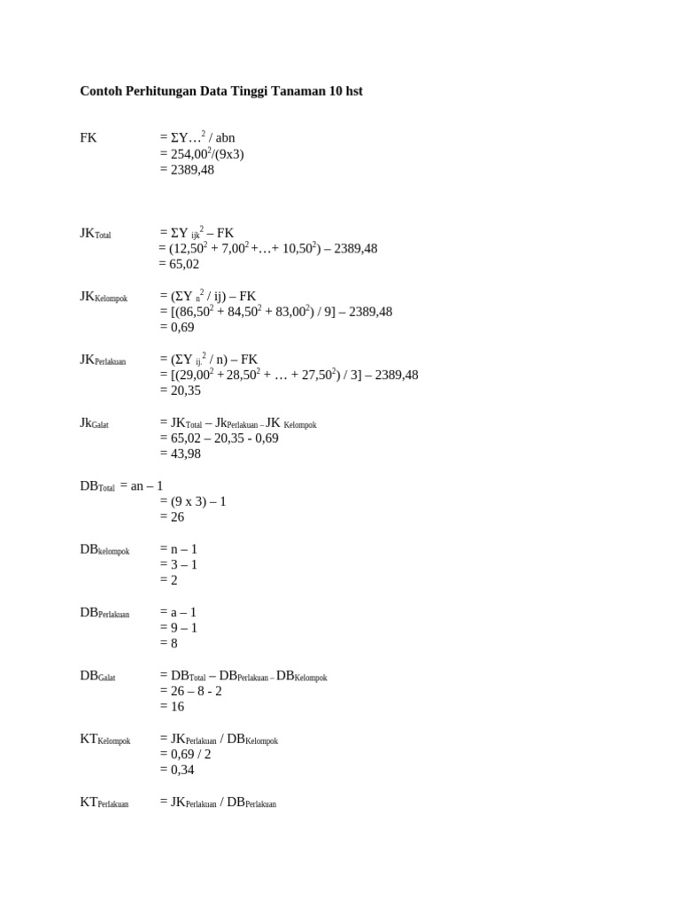 Contoh Perhitungan Data Tinggi Tanaman 10 HST | PDF