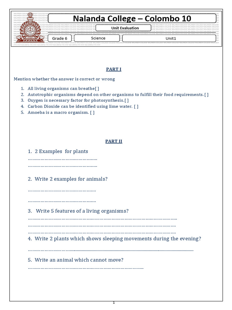 Nalanda College Grade 6 Science Quiz | PDF | Organisms | Nature