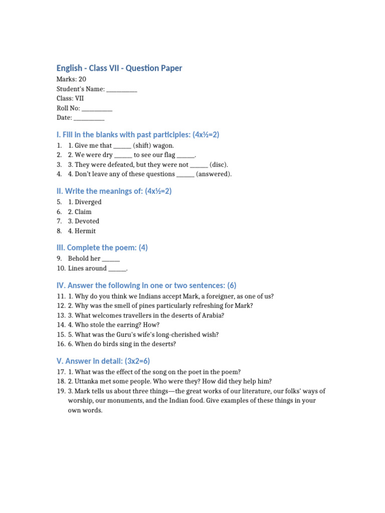 English_Class_VII_Question_Paper (1) | PDF