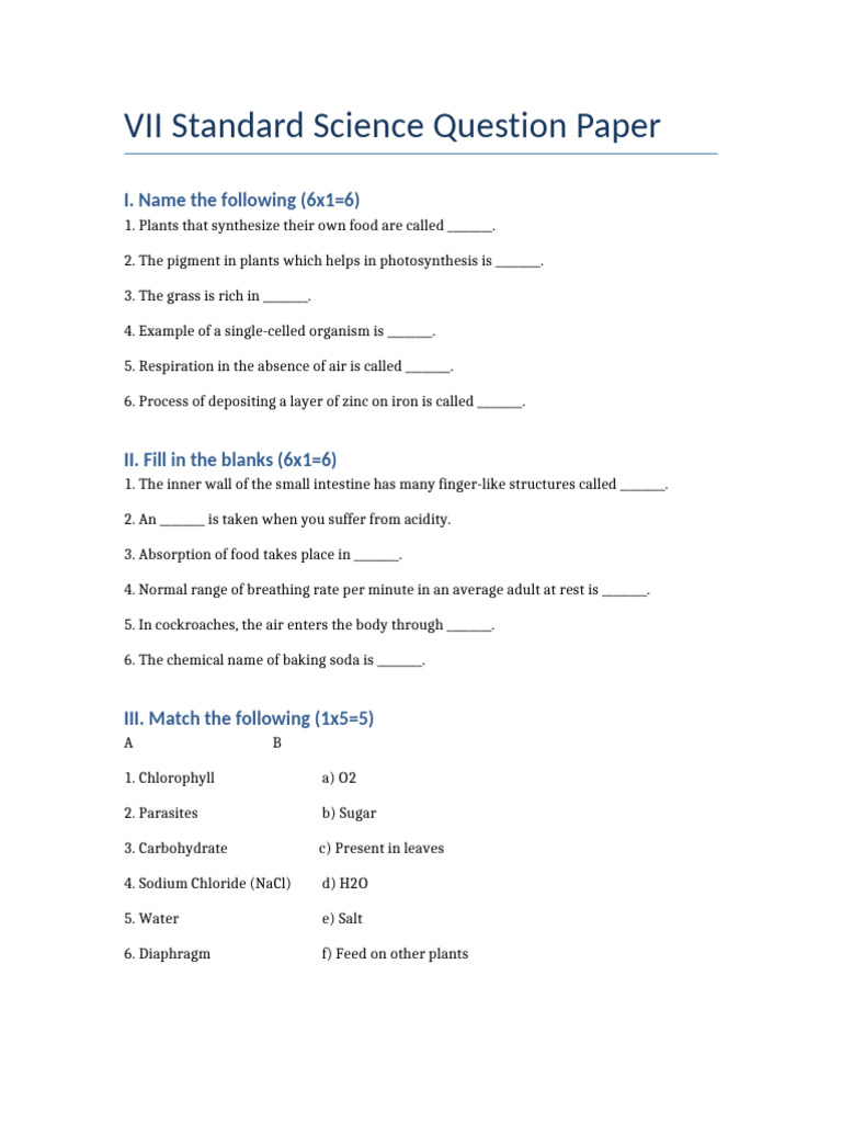 VII Standard Science Question Paper | PDF