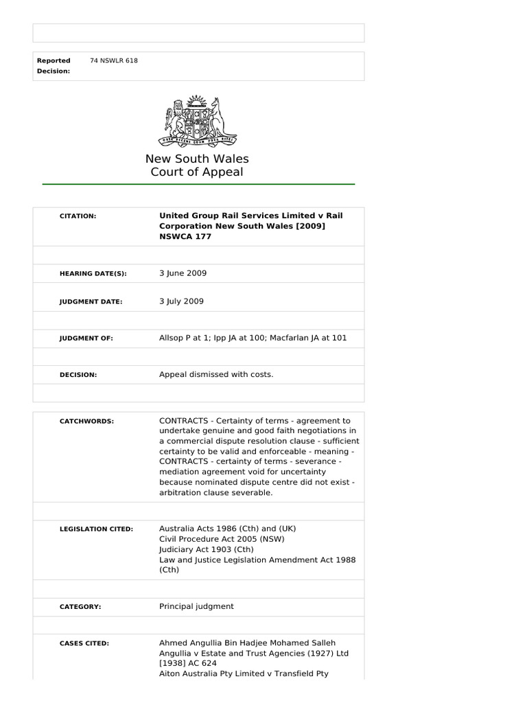 United Group Rail Services v. Rail Corporation New South Wales | PDF ...