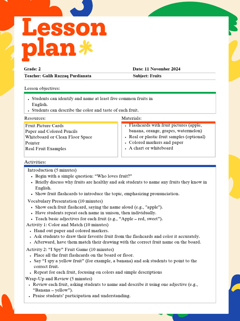 Grade 2 Fruit Lesson Plan | PDF | Fruit | Flashcard