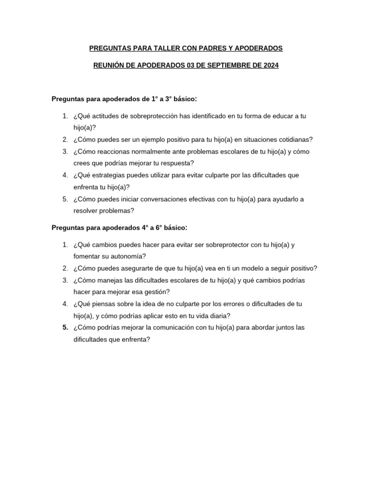 Preguntas para Taller Con Padres y Apoderados 03-09 | PDF