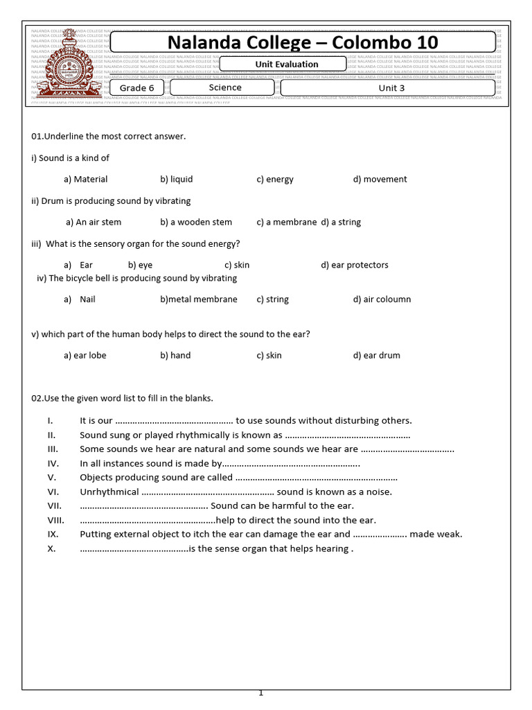 Nalanda College Grade 6 Science Unit | PDF | Sound | Ear