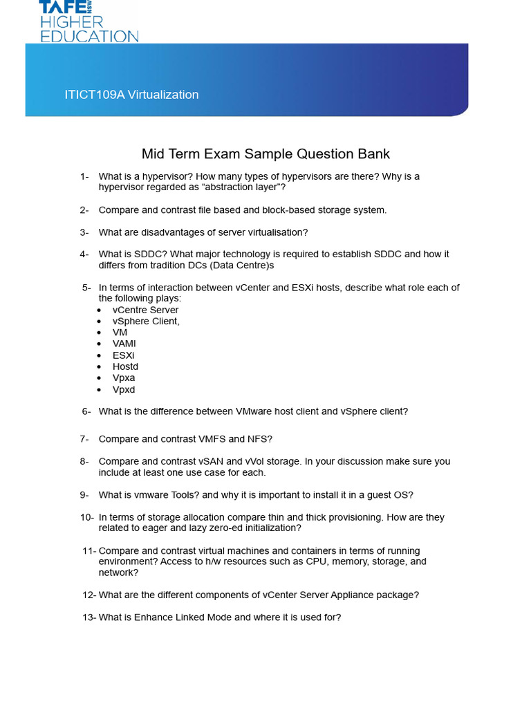 ITICT109A Virtualization Mid Exam Sample Question Bank Update | PDF | Virtualization | Software ...