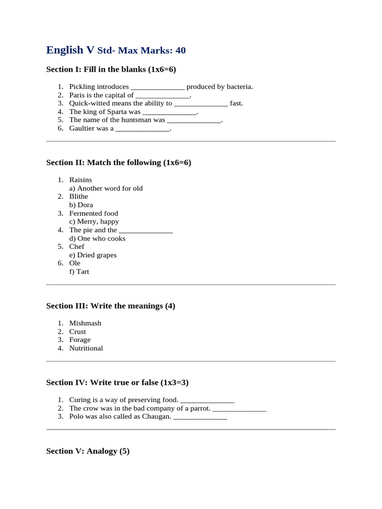 Class II English Test | PDF