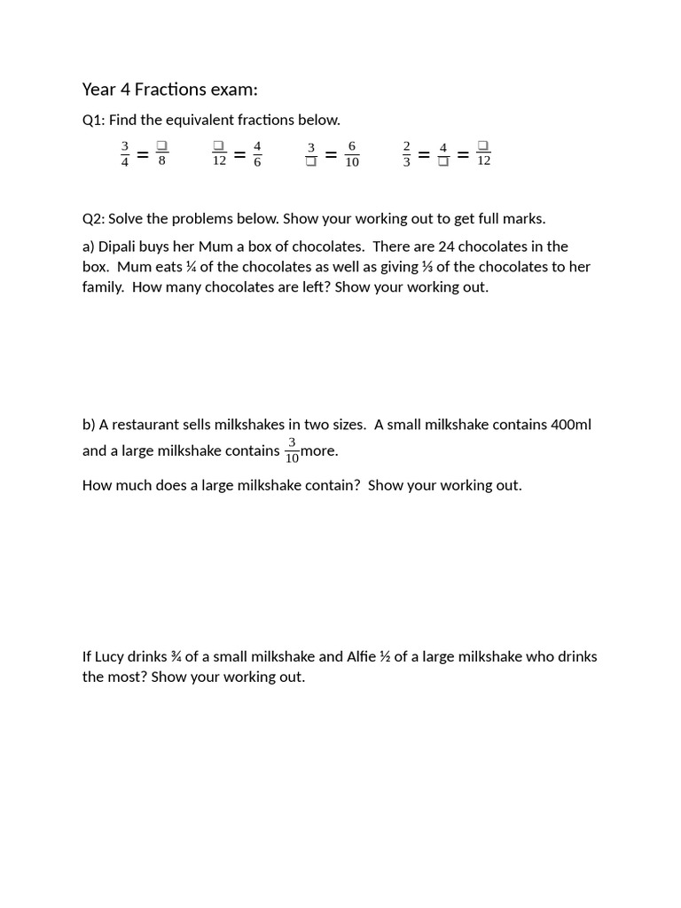 Year 4 Fractions Exam | PDF