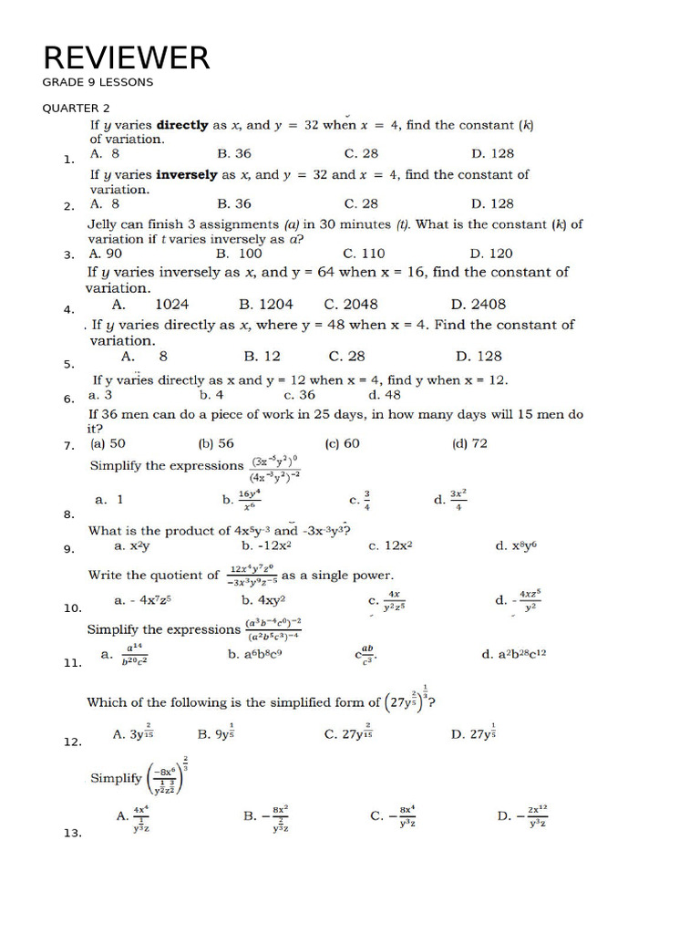 Reviewer Math Quiz Bee G9 Q2 | PDF