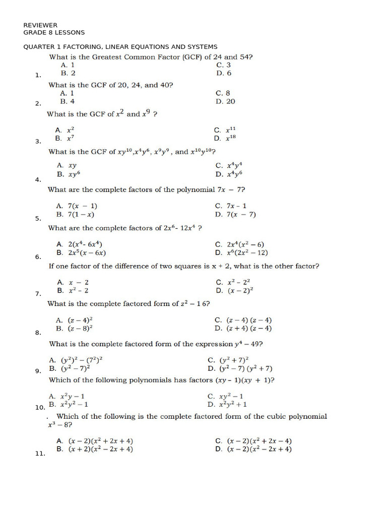 Grade 8 Quarter 1 Math Review | PDF