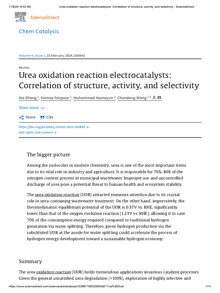 Urea Oxidation Reaction Electrocatalysts - Correlation of Structure ...