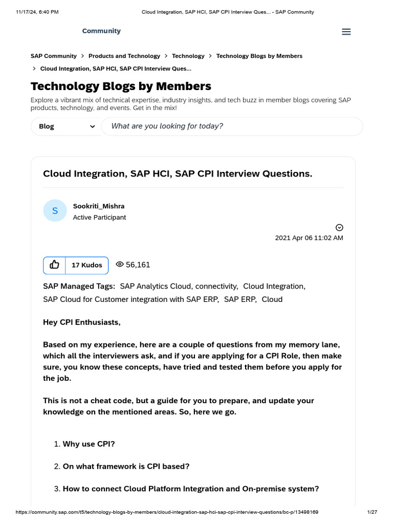 Cloud Integration, SAP HCI, SAP CPI Interview Ques... - SAP Community | PDF | Cloud Computing ...