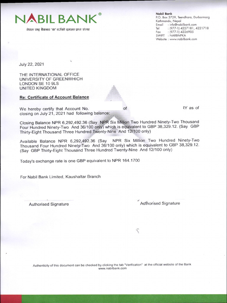 Bank Balance Certificate | PDF