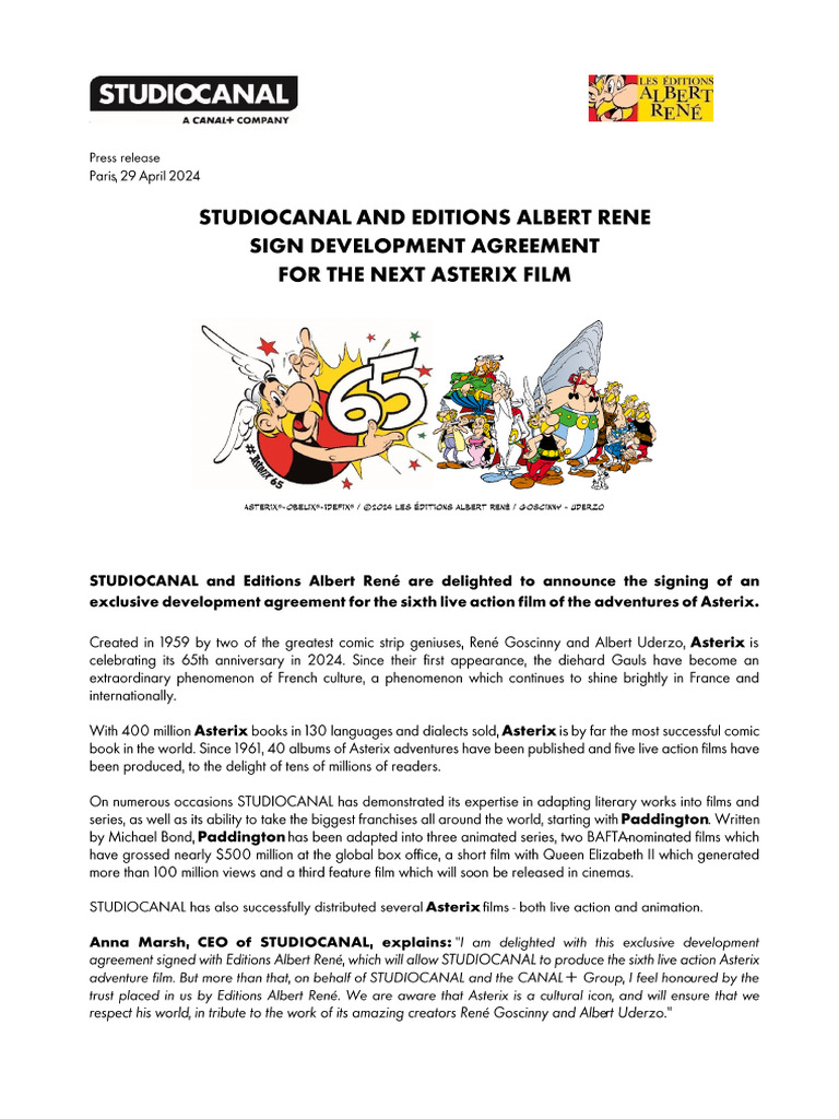 PR STUDIOCANAL X Albert Rene Asterix Avril 2024 English A3ea5c76d8 | PDF